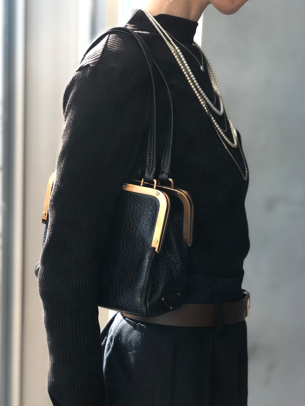 PRADA Triangle Logo Metal Closure Handbag Black Vintage epwvbd ...