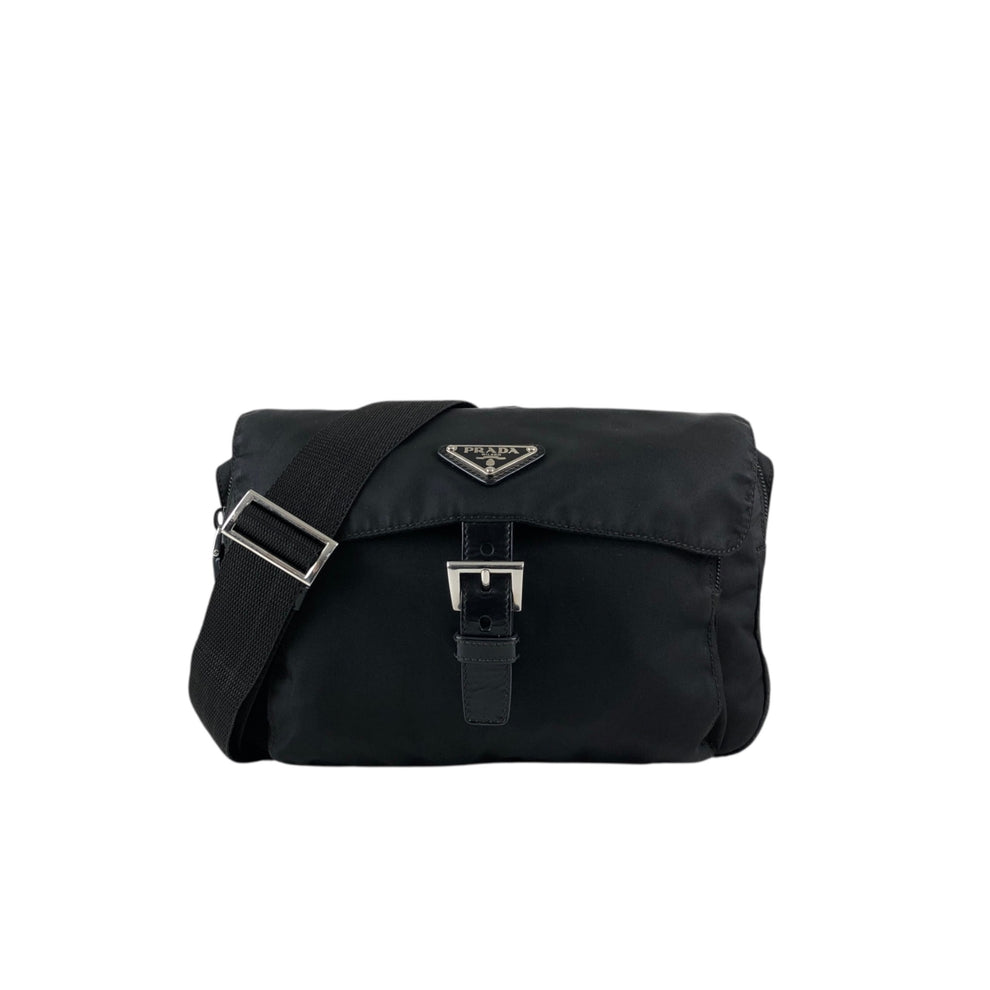 PRADA Tessuto Triangle Logo Front Buckle Shoulder bag Black Vintage mk ...